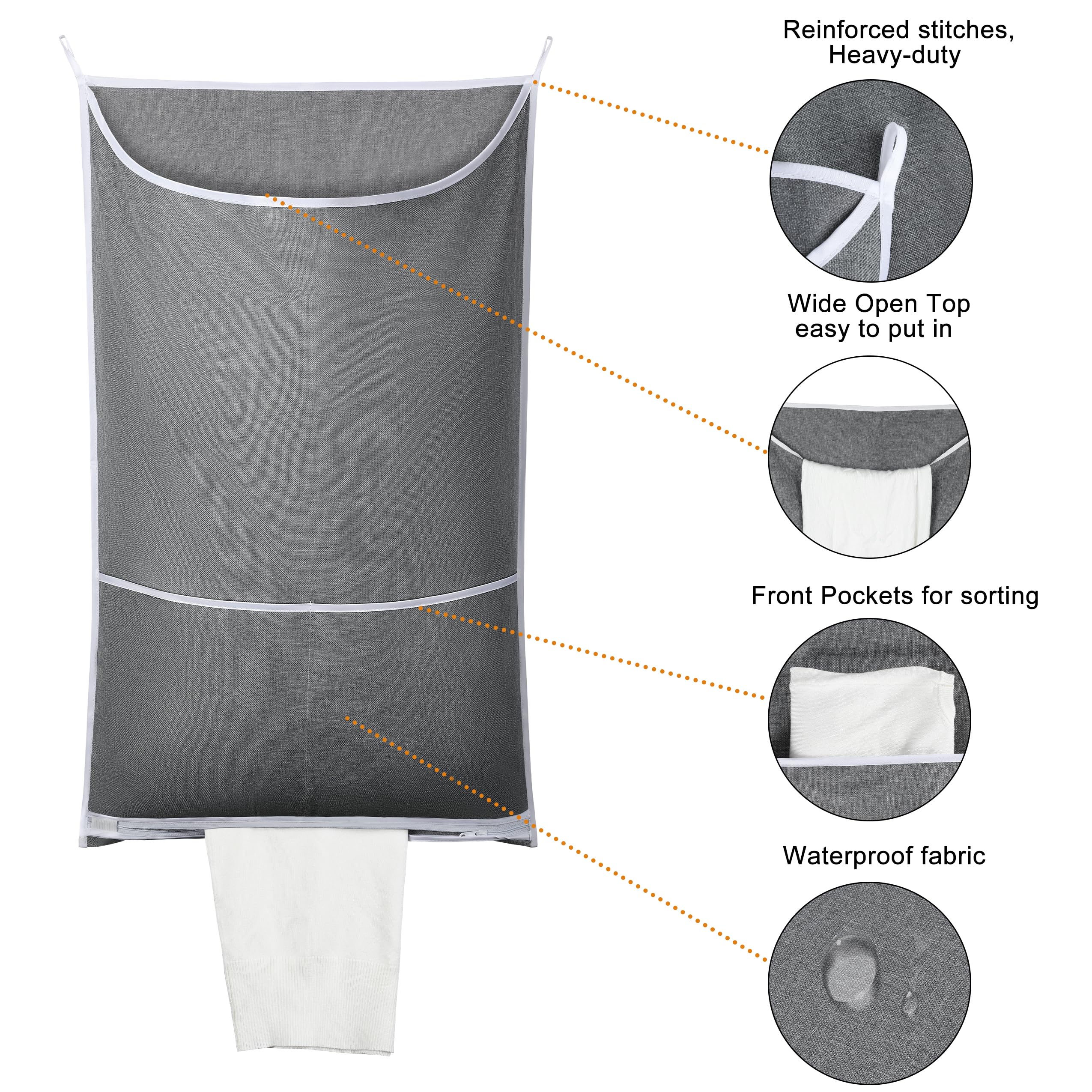 coastal rose Large Hanging Laundry Hamper with Hooks and Adhesive, Space Saving Laundry Bag with Zipper and Wide Open Top for Dirty Clothes Organizer,Door Hanging Hamper for Laundry,Grey,2 Pack