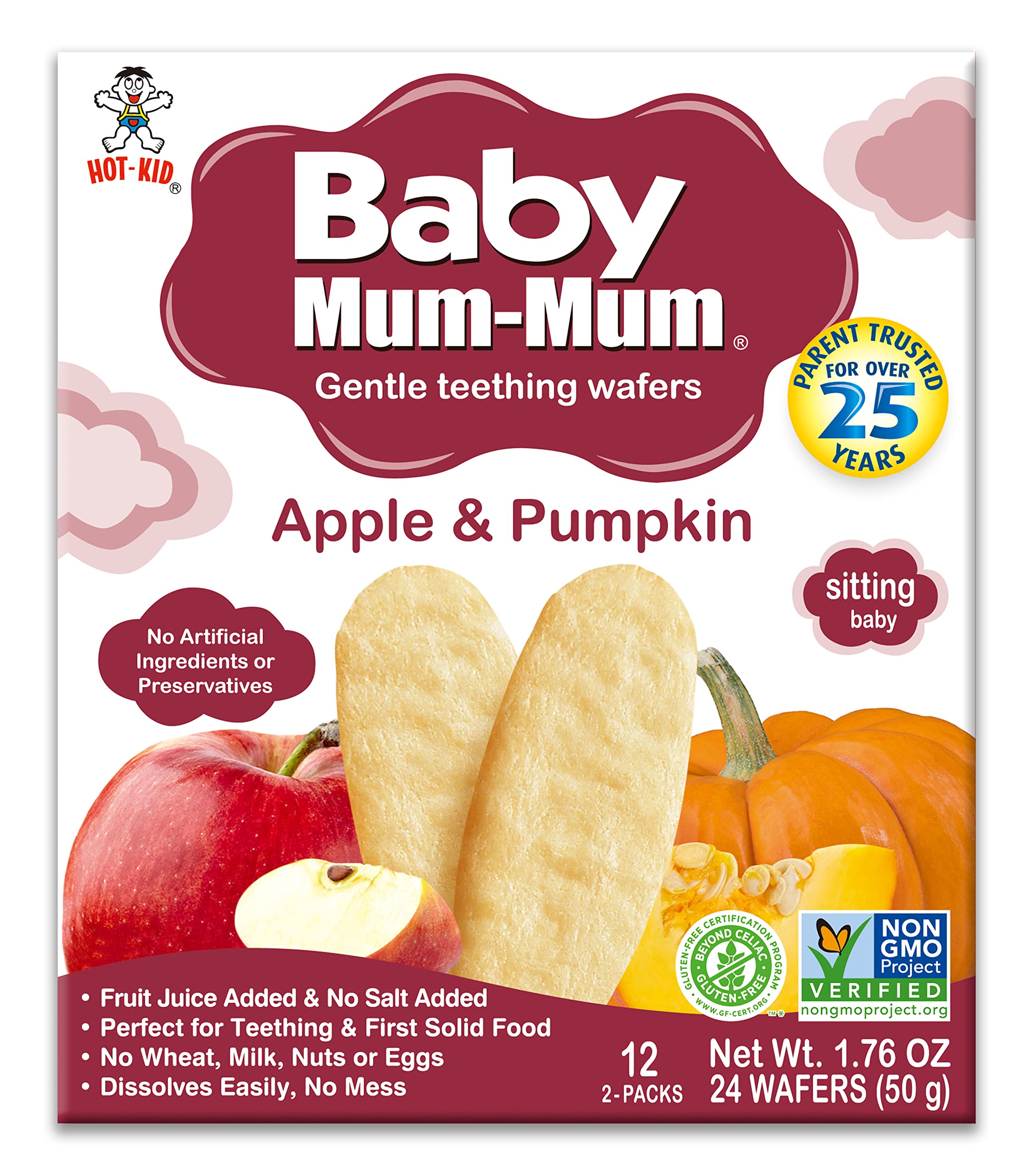 Hot-Kid Baby Mum-Mum Rice Rusks, Apple & Pumpkin, 24 Pieces (Pack of 6) Gluten Free, Allergen Free, Non-GMO, Rice Teether Cookie for Teething Infants