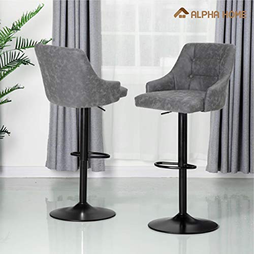 ALPHA HOME Swivel Bar Stool Adjustable Airlift Counter Height Bar Stool Kitchen Dining Cafe Hydraulic PU Leather Bar Chair with Padded Back and Black Chromed Metal Base, Grey,1PC