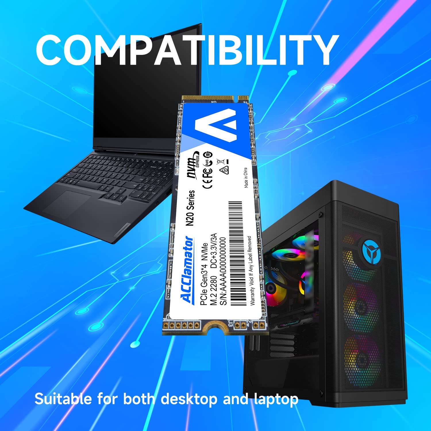 Acclamator NVMe 1TB Read 2500MB/s PCle 3.0x4, M.2 2280, Internal Solid State Drive, Storage for PC, Laptops, Gaming and More, N20