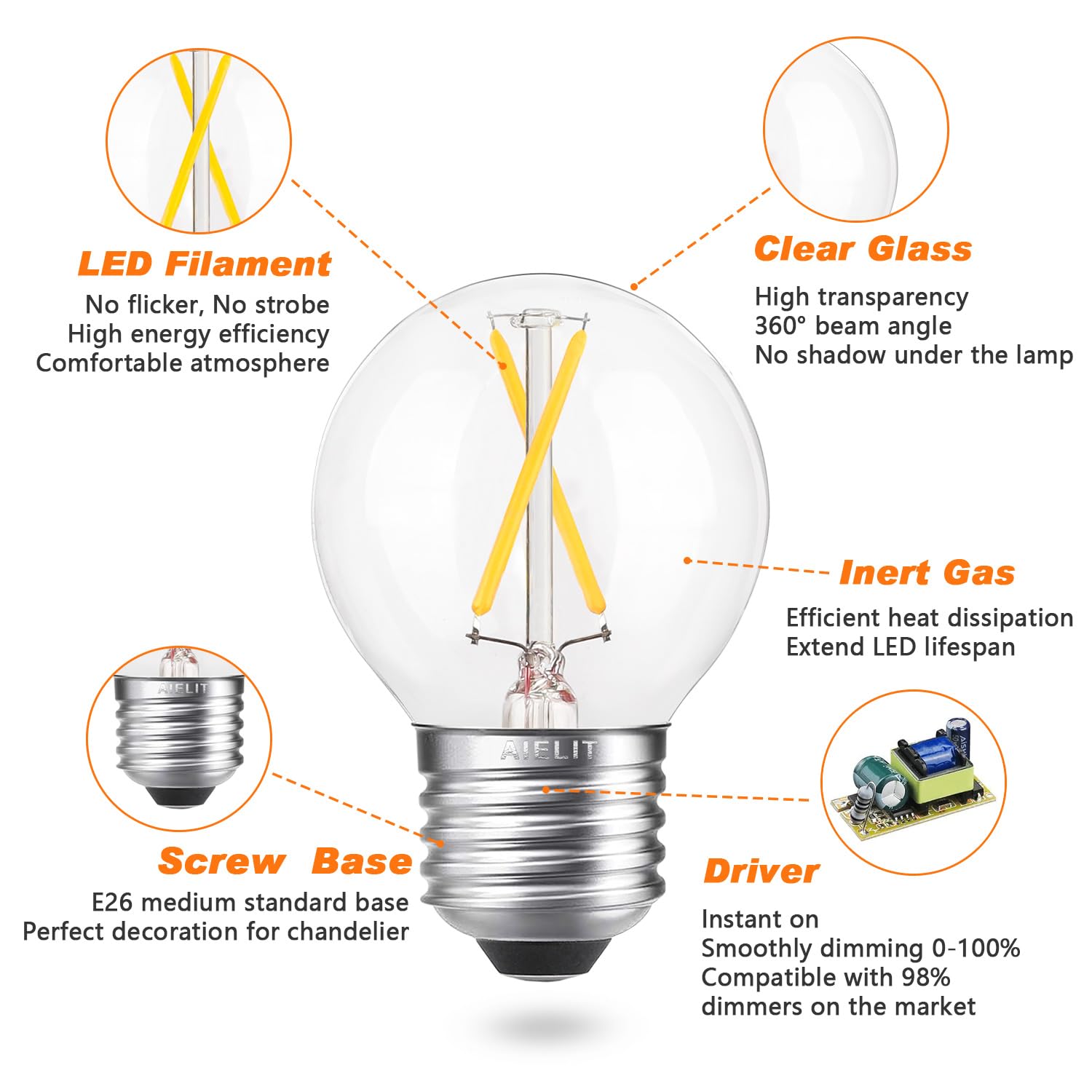 AIELIT Dimmable T45/T14 Tubular E26 LED Edison Bulb 60 Watt Equivalent, Soft White 3000K, 600 Lumens, LED Tube Light Bulbs for Ceiling Fan Bathroom Vanity Chandelier, 6-Pack