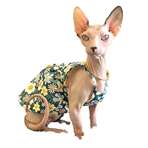 Hairless Cat Clothes - Breathable Summer Cotton Sundress with Sunflower Print Suspender Skirt Elegant Romantic Girly Vest Soft Princess Dress for Sphynx, Cornish Rex, Devon Rex, Peterbald (XS)