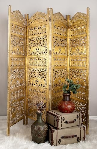 Deco 79 Wooden Scroll Handmade Partition Room Divider Screen Hinged Foldable Partition 4 Panel Privacy Screen with Carved Elephant Accents, Room Partition 80" x 1" x 72", Gold