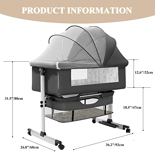 Kaptin Baby Bassinet Bedside Crib, Bedside Sleeper for Baby, Heigt Adjustable Crib with Wheels, Easy Folding Portable Baby Cradle with Large Storage Basket, for Infant/Baby/New Born (Grey)