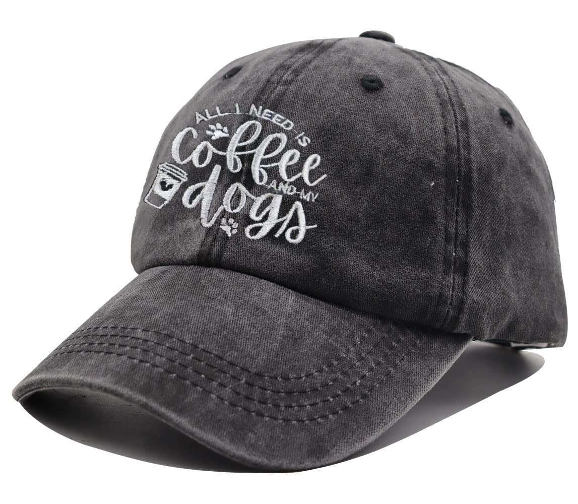 All I Need Is Coffee and My Dogs Hat, Dog Dad & Mom Baseball Cap, Coffee Life Adjustable Embroidered Distressed Denim (Embroidered Black, One Size)