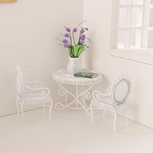 Dollhouse Miniature Bistro Table & Chairs Set Accessories Metal 1:12 Scale Miniatures White Coffee/Tea Furniture Fairy Garden Cute Rustic Elegant Decorations Ornaments (A)
