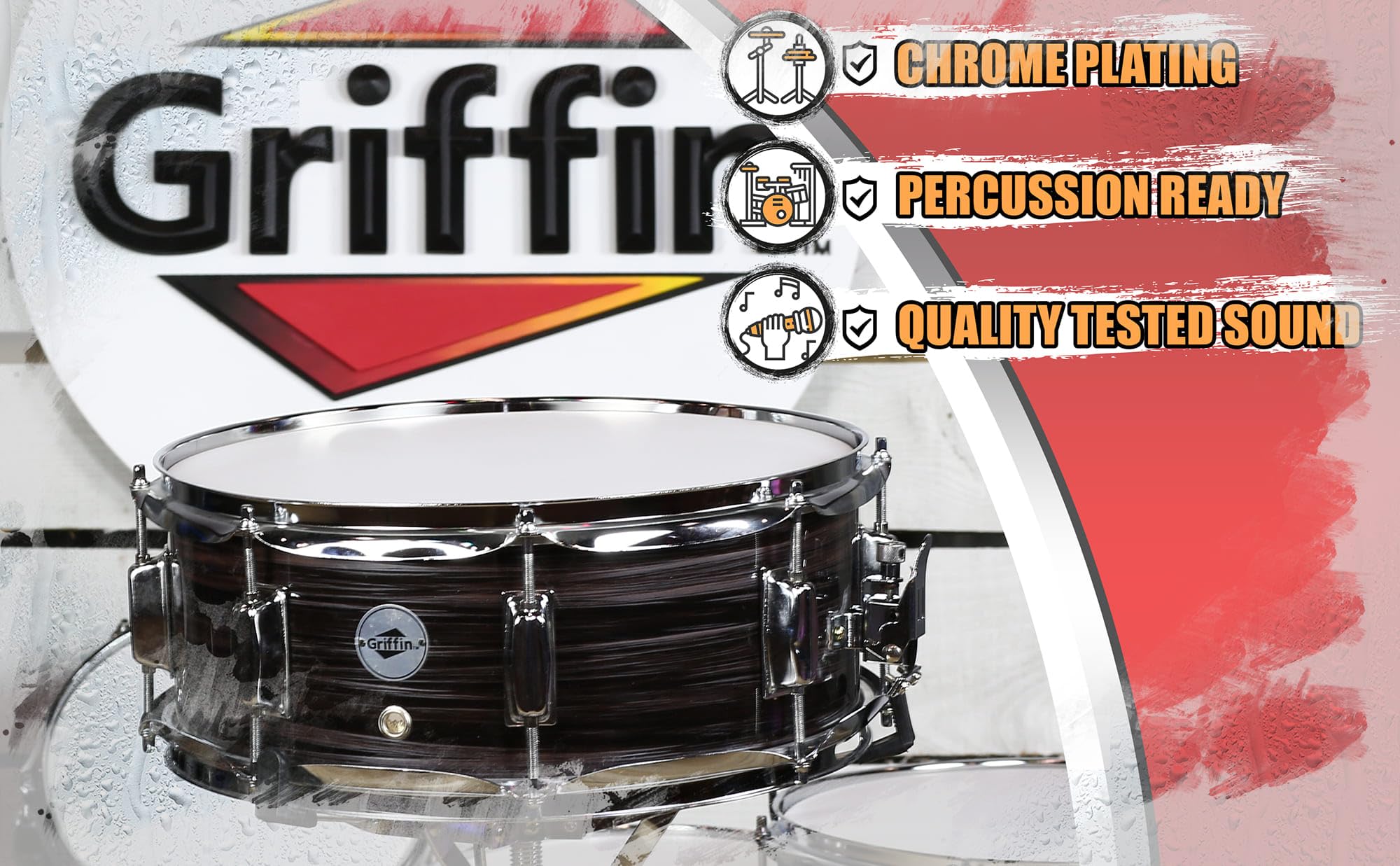 Deluxe Snare Drum by GRIFFIN | 14" x 5.5" Poplar Wood Shell with Zebra PVC Glossy Finish | Percussion Musical Instrument with Drummers Key for Students & Professionals | 8 Tuning Lugs & Snare Strainer