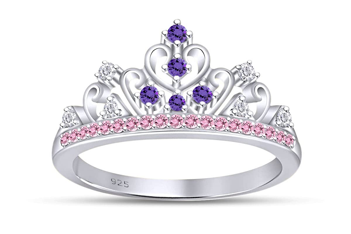 AFFY Round Cut Simulated Multi Stone Rapunzel Princess Style Engagement Wedding Crown Ring in 14k White Gold Over Sterling Silver with Ring Size 8