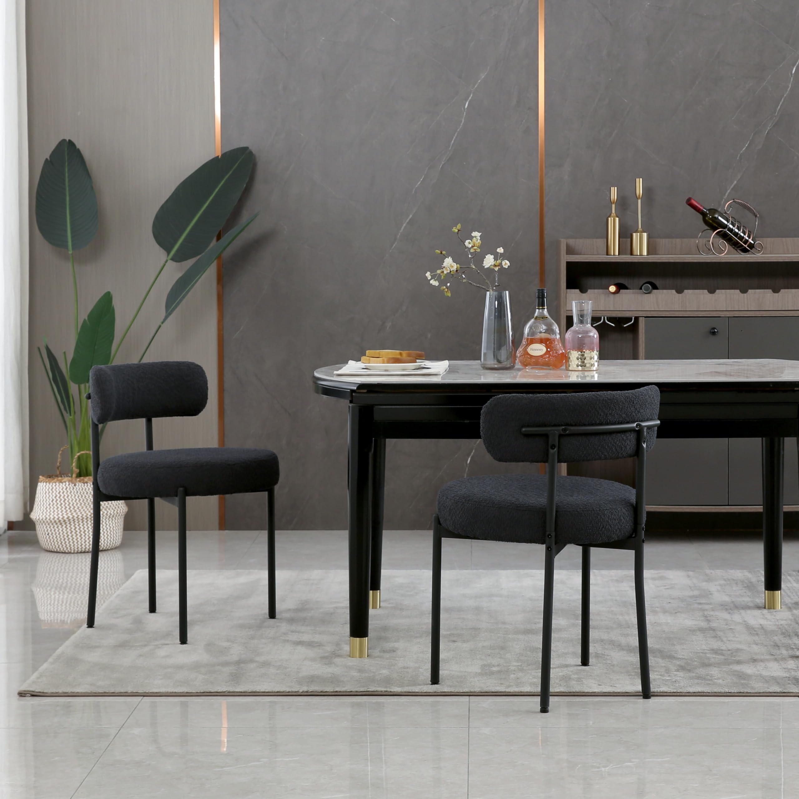 AISALL Black Dining Chairs Set of 2 Round Upholstered Boucle Dining Room Chairs Mid-Century Modern Kitchen Chairs Curved Backrest Chairs for Dining Room Black Metal Legs