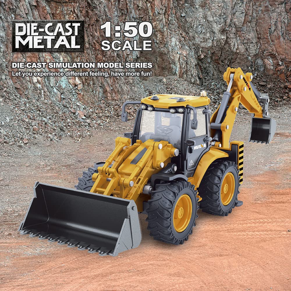 Dollox Die-cast Excavator Backhoe Front Loader Truck 1/50 Metal Engineering Vehicle Construction Tractor Model Collection Bulldozer Back Hoe Truck Decoration Toy Gift for Kids