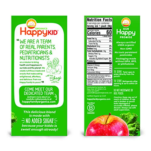 HAPPYKID Organics Organic Kid Snack, Apple, Kale, & Mango, 3.17 Ounce Pouch, Pack of 16 (Packaging May Vary)