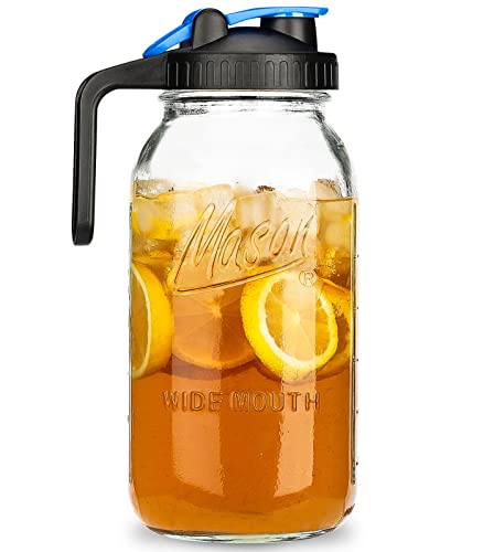 Half Gallon Mason Jar Pitcher Large Wide Mouth 64 oz with Lid - 2 Quart for Iced Tea, Sun Lemonade, Coffee, Airtight, Set of 1