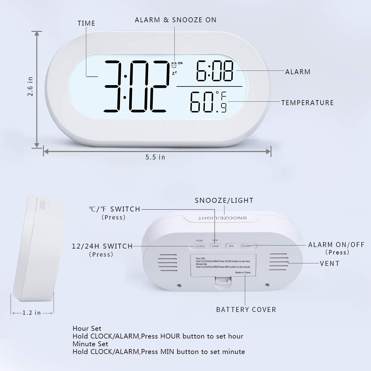 AIJIAXING Digital Alarm Clocks for Desk or Bedroom, Small Alarm Clocks for Kids,with Soft Backlight, Snooze and Temperature, Battery Operated - White…