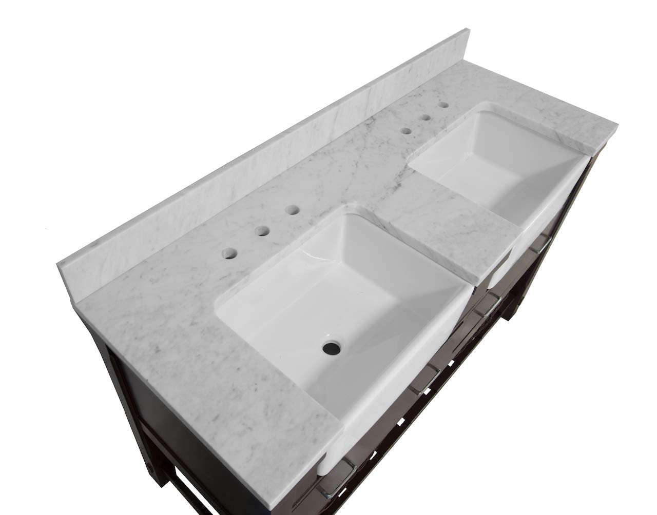 Charlotte 60-inch Double Farmhouse Bathroom Vanity (Carrara/Chocolate): Includes Chocolate Cabinet with Authentic Italian Carrara Marble Countertop and White Ceramic Apron Sinks