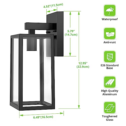 MAXvolador Outdoor Wall Sconce, Exterior Waterproof Wall Lantern Light Fixtures, Black Porch Lights with Toughened Glass Shade, Anti-Rust E26 Socket Front Door Wall Mount Lighting for Garage, 2 Pack