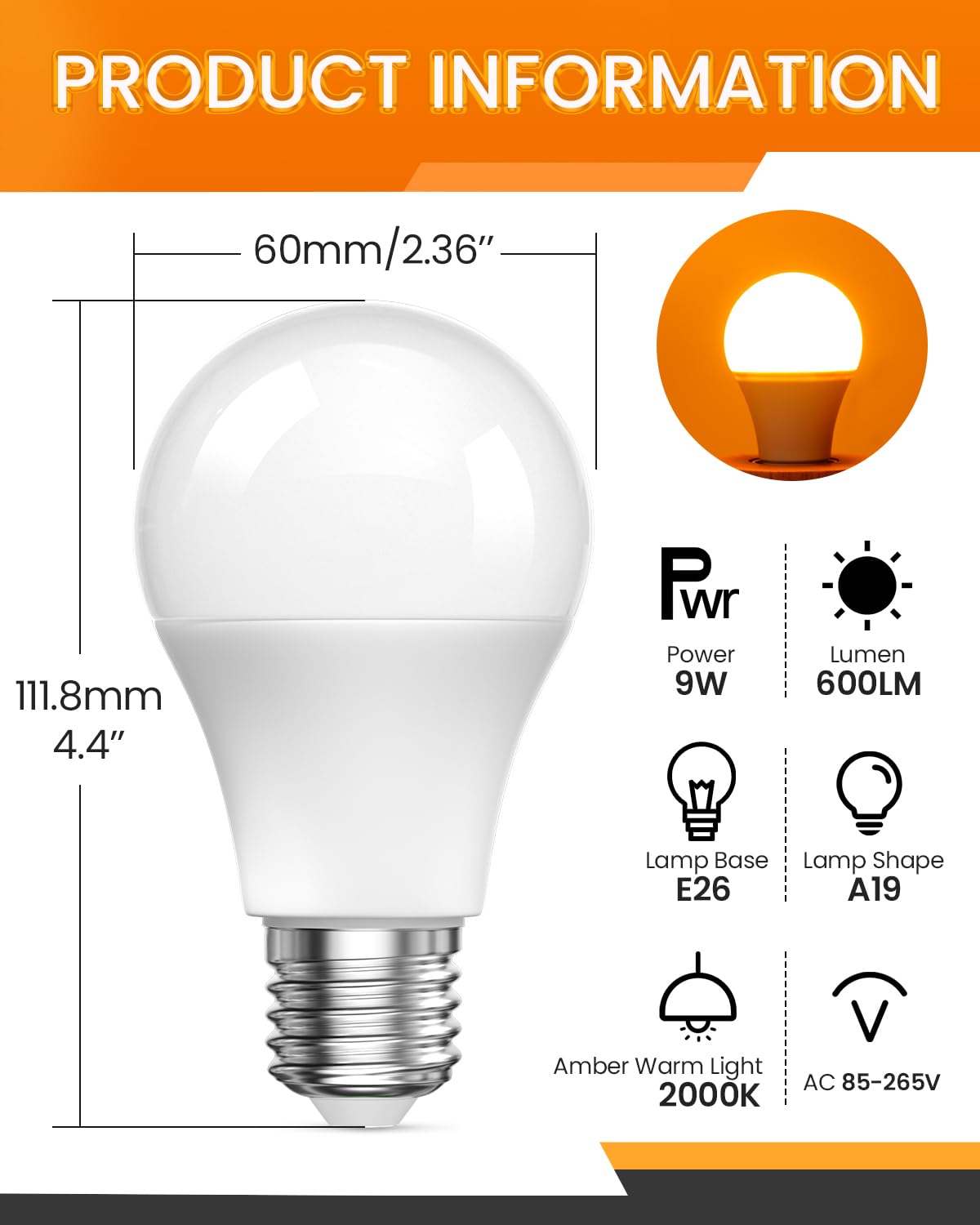 Bonlux Amber Light Bulbs 2000K, A19 9W E26 LED Yellow Soft Warm Sleep Light Bulb Blue Light Blocking (60 Watt Equivalent) for Bedroom,Healthy Sleep, Baby Nursery Light, Night Light Bulb, 2 Pack