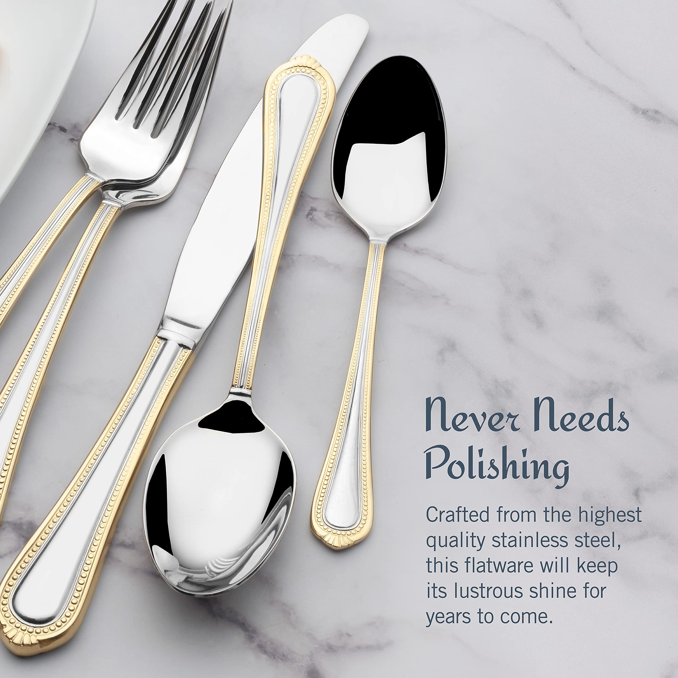 Mikasa, Gold Accent Regent Bead Flatware Service for 12, 65 Piece Set, 18/10 Stainless Steel, Silverware Set with Serving Utensils
