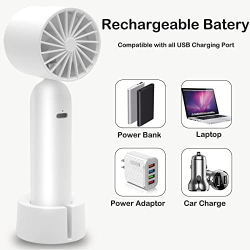 DOUBFIVSY Handheld Fan with Base, 5000mAh Portable Mini Fan USB Rechargeable Personal Fan 3 Adjustable Speed Desk Fan Hand Held Fan for Girls Women Men Indoor Outdoor Activities (White)