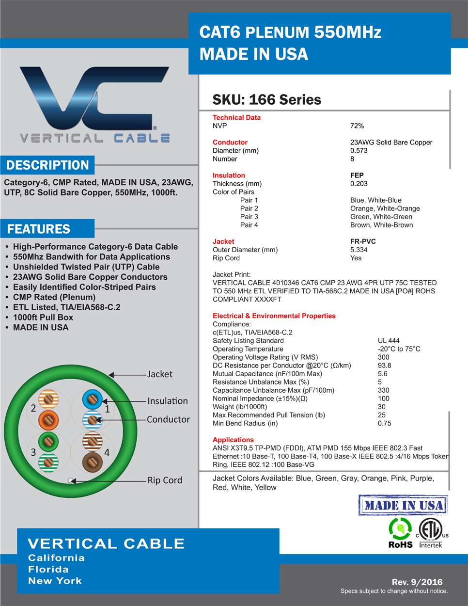 Vertical Cable CAT6, 550 MHz, UTP, 23AWG, 8C Solid Bare Copper, Plenum, 1000ft, Bulk Ethernet Cable - Made in USA, Blue