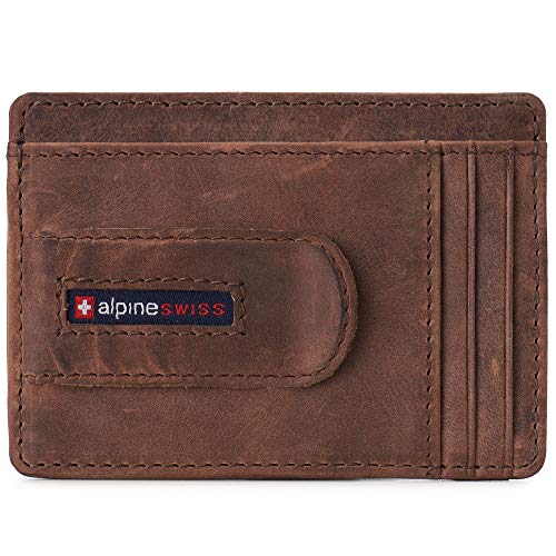Alpine Swiss Dermot Mens RFID Safe Money Clip Front Pocket Wallet Leather Comes in Gift Box Distressed Brown