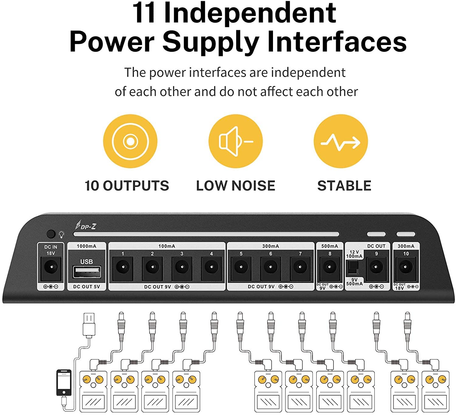 Donner DP-Z 9V Guitar Pedal Power Supply 11 Isolated DC Output with USB Port for 9V/12V/18V Effect Pedal DC 18v 2000m Input