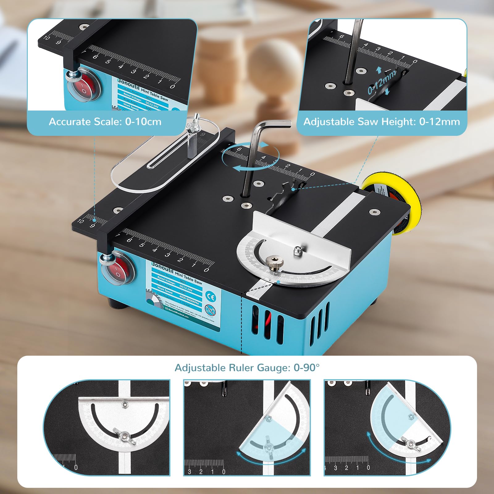 Bonoutil Mini Table Saw, 96W Dual Motor Control 4 Saw Blades Set Cut Thickness 12MM 0-90° Adjust Small Table Saw for Hobby DIY Model Wood Cutting