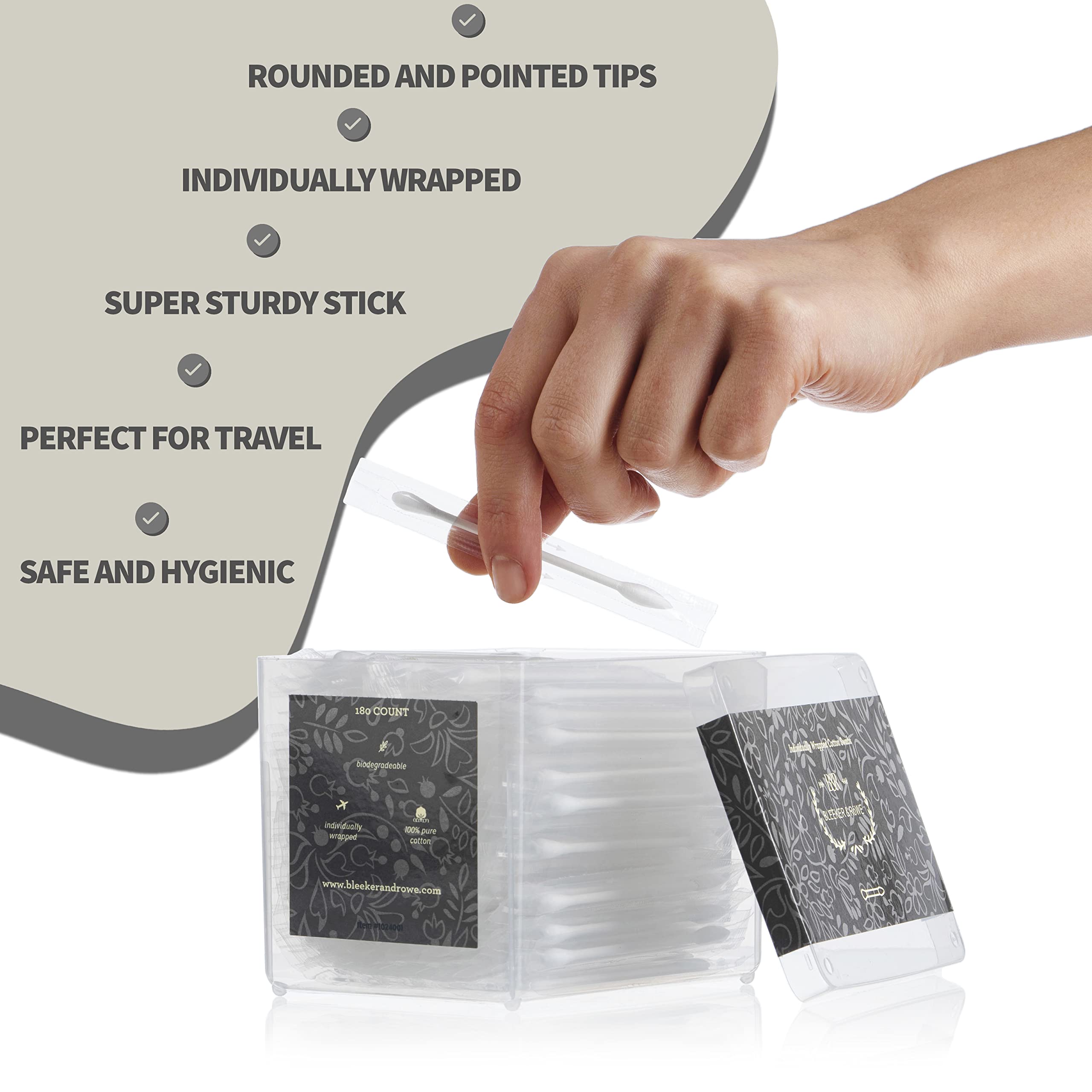 Pointed Q Tips Qtip Bleeker and Röwe Individually Wrapped Cotton Swabs 180 Count - Chlorine & Oil Free - Recyclable & Biodegreadable - Perfect for Travel Makeup