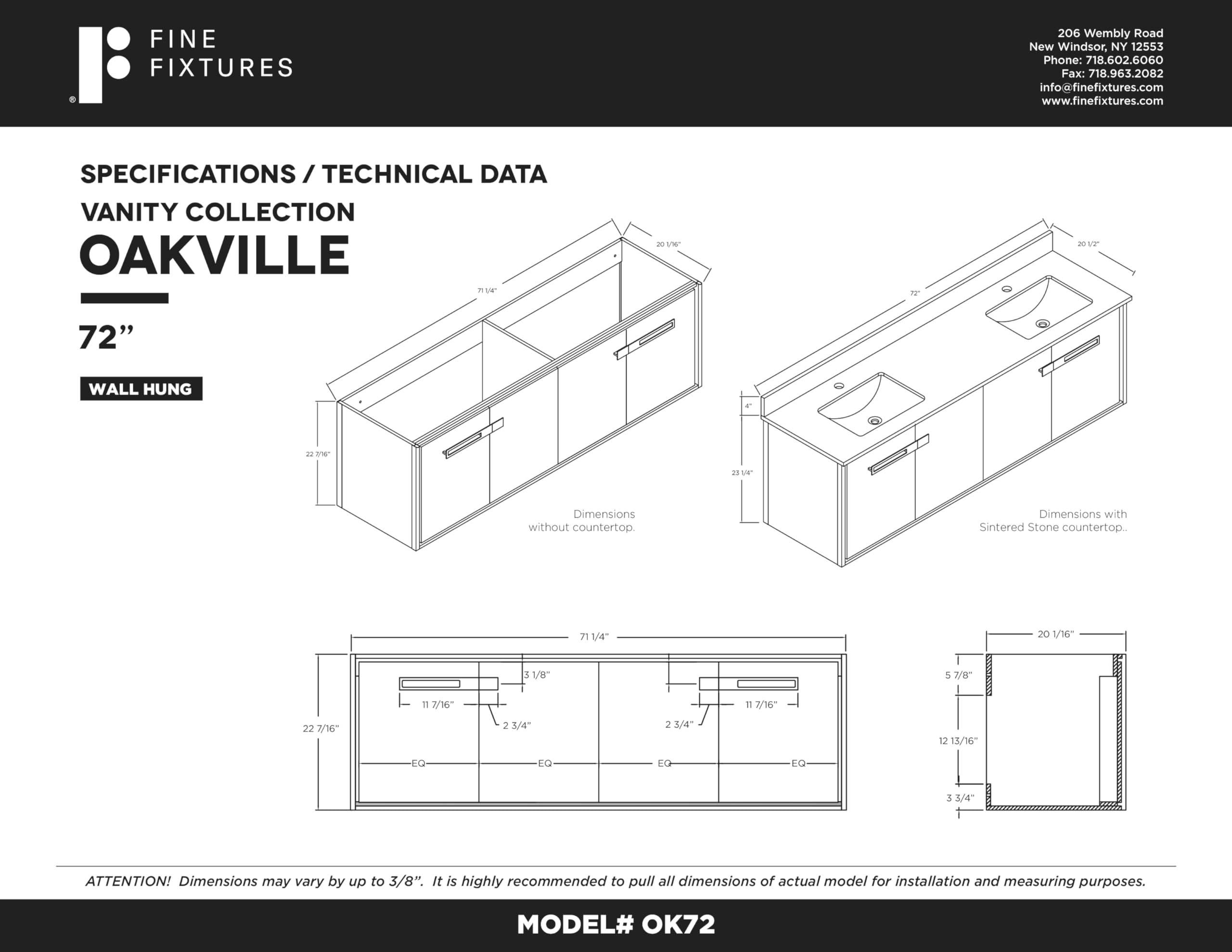 Fine Fixtures Oakville 72 in. W x 20 in. D x 33 in. H Wall Mounted Bathroom Vanity in Onix Grey with White Ceramic Sink - Black Hardware