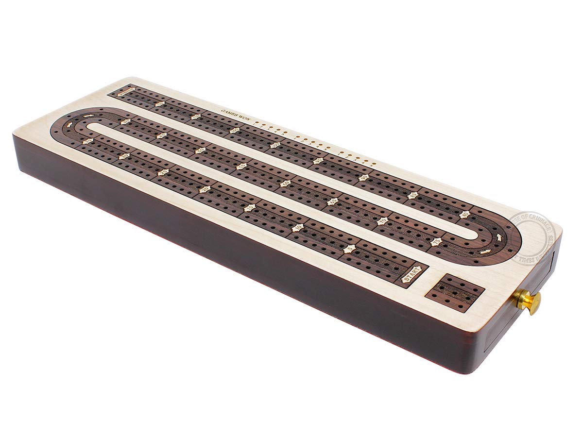 House of Cribbage - 3 Track Continuous Cribbage Board Inlaid in Rosewood - Maple Wood - Size: 12.5 Inches - Storage Drawer for Cribbage Pegs