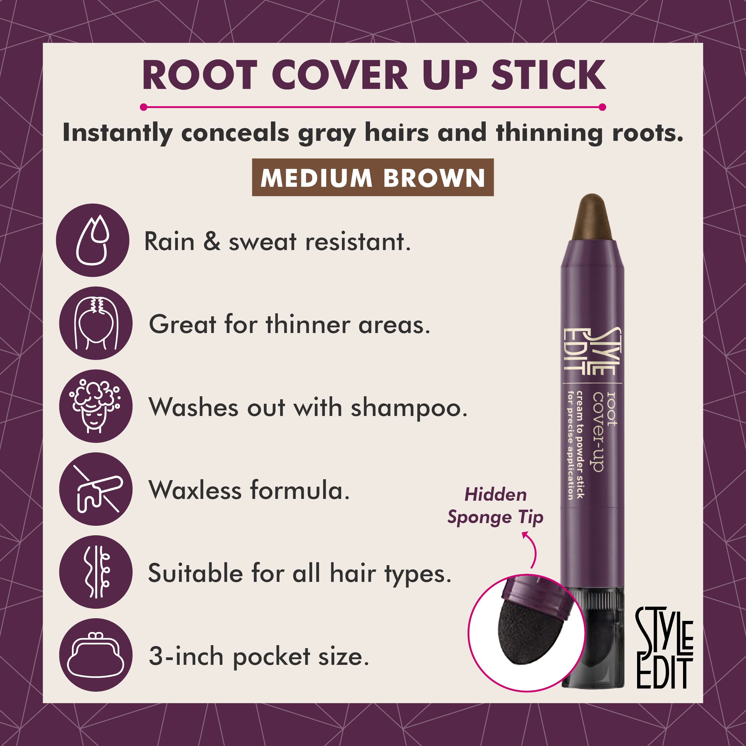 Style Edit Root Touch Up Stick - Medium Brown Hair Concealer, Temporary Gray Coverage, Premium Hair Shading Sponge Pen, 0.11 oz