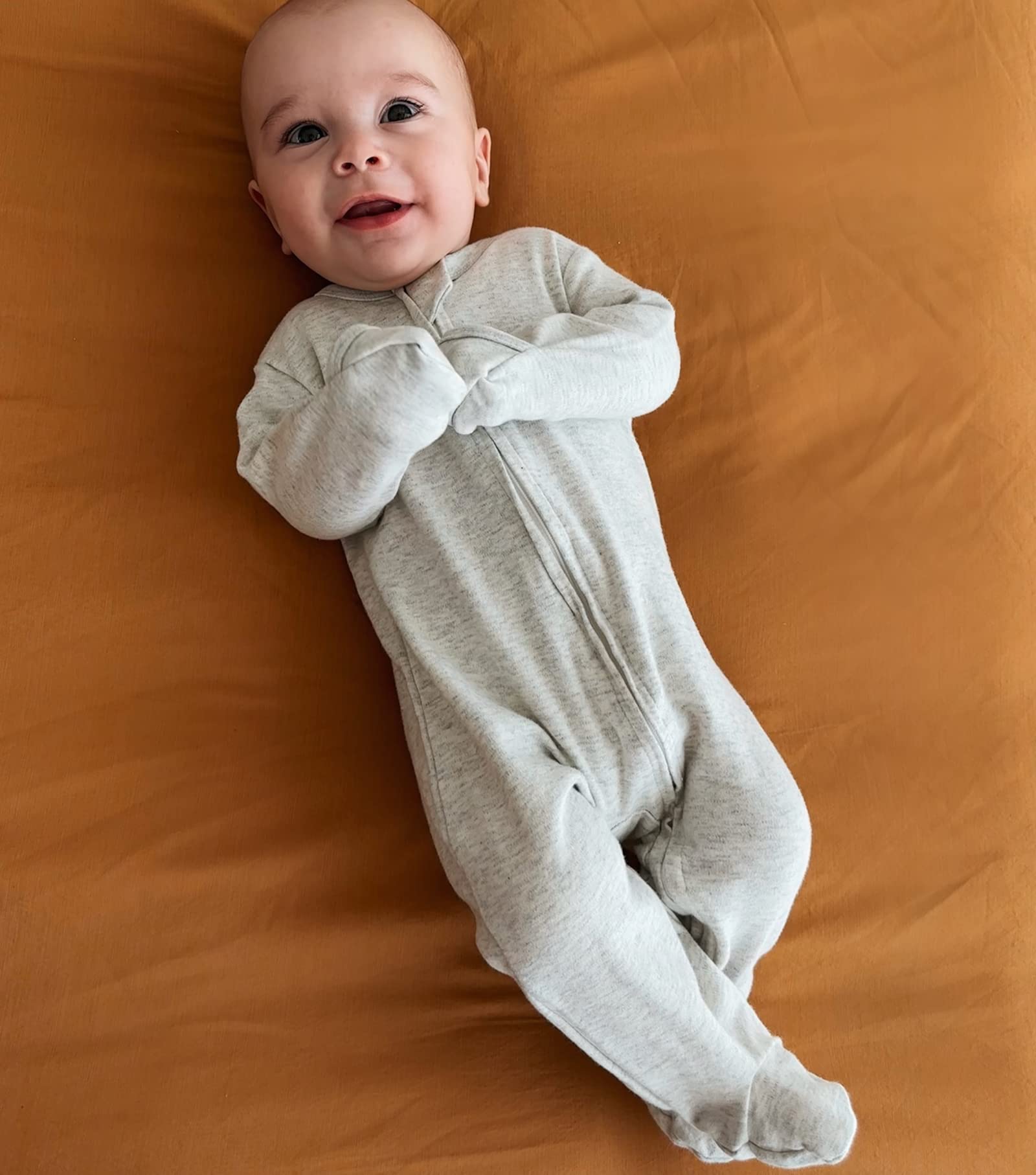 Aablexema Baby Footie Pajama with Mitten Cuffs, Double Zipper Infant Cotton clothes Sleeper Pjs, Footed Sleep Play(Ivory & Grey & Pink,0-3 Months)