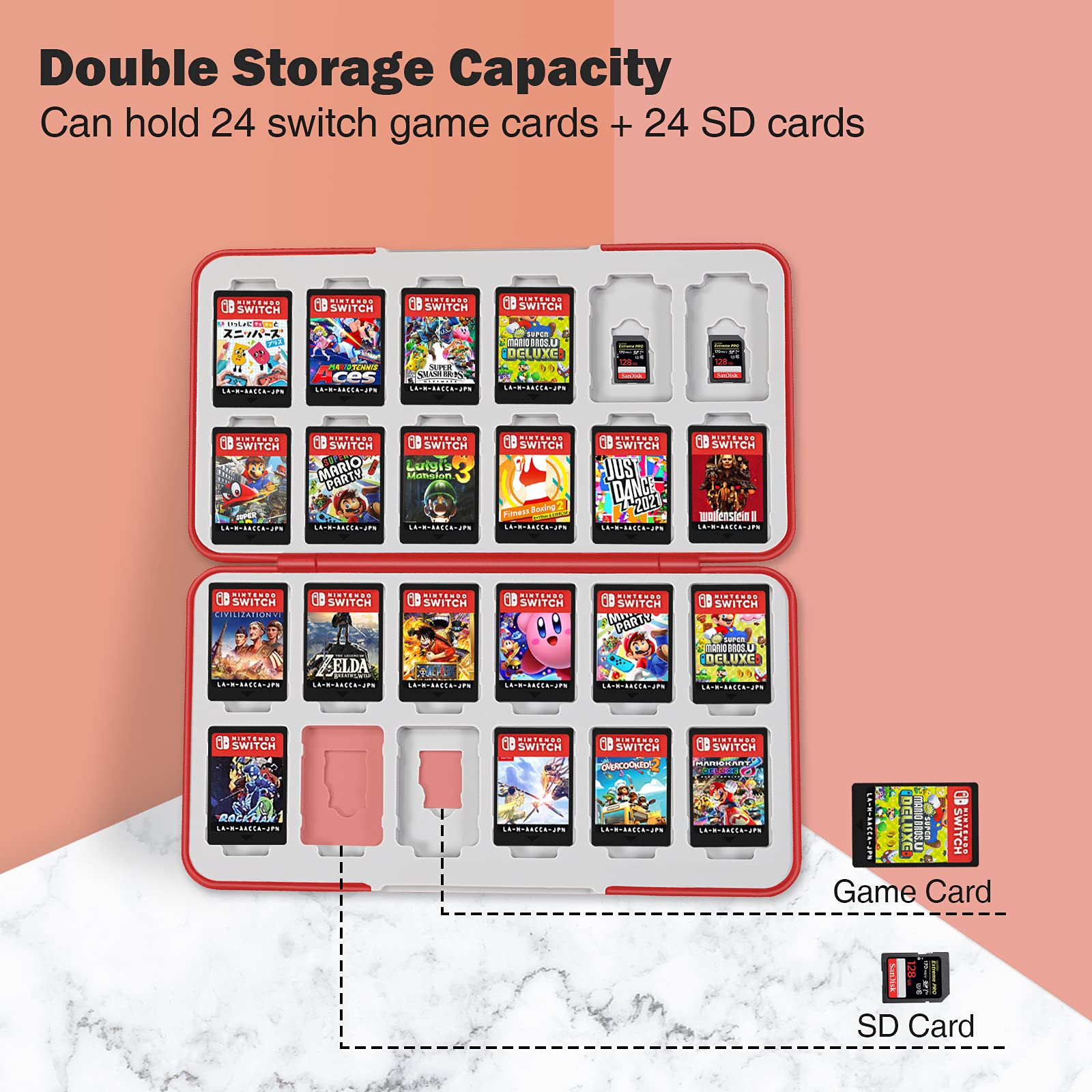 KENOBEE 24 Game Card Case Compatible with Nintendo Switch/Switch Lite/Switch OLED 2021, 24 Slot Storage Holder for SD Card&Switch Game Card, Slim Portable Storage Cartridge Box for Travel Carrying