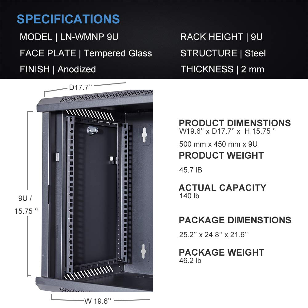 KENUCO 9U Wall Mount Rack Server Cabinet Data Network Enclosure 19-Inch Server Network Rack with Locking Glass Door 16-Inches Deep (Black 9U)
