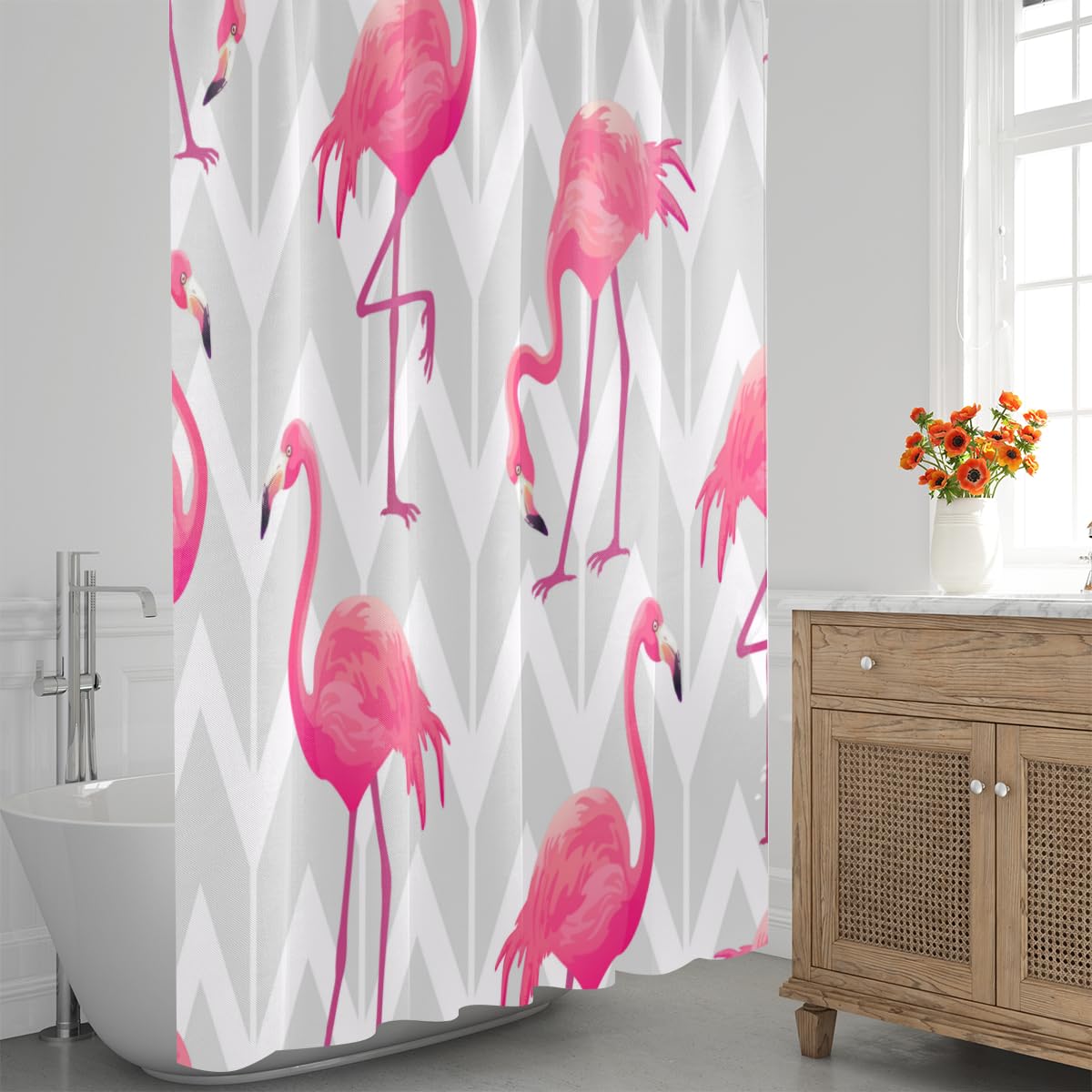 Aglebo Beautiful Tropical Geometric Flamingo Shower Curtain Fabric Shower Curtain Set with 12 Hooks Water-Proof 72 * 72 Inches for Bathroom Beach Caravan Hotel