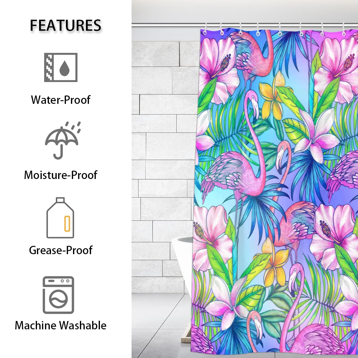 Aglebo Colorful Flamingo Shower Curtain Fabric Shower Curtain Set with 12 Hooks Water-Proof 72 * 72 Inches for Bathroom Beach Caravan Hotel