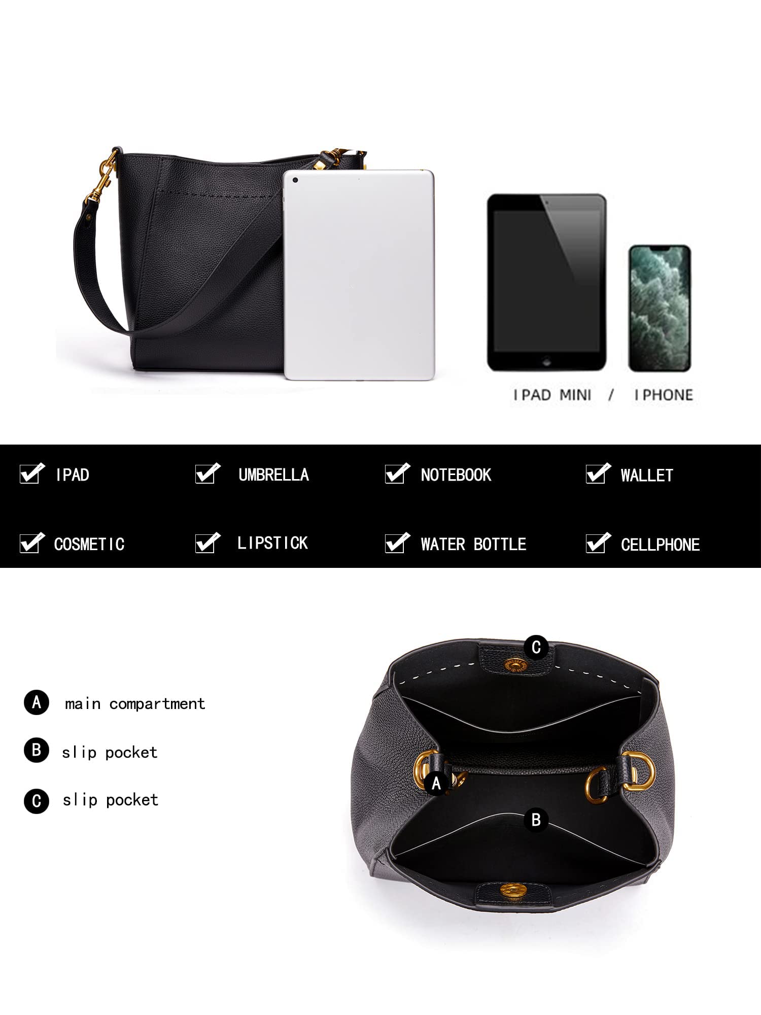 DORIS&JACKY Leather Bucket Tote Bag For Women Medium Hobo Shoulder Purse And Handbags (1-Black)