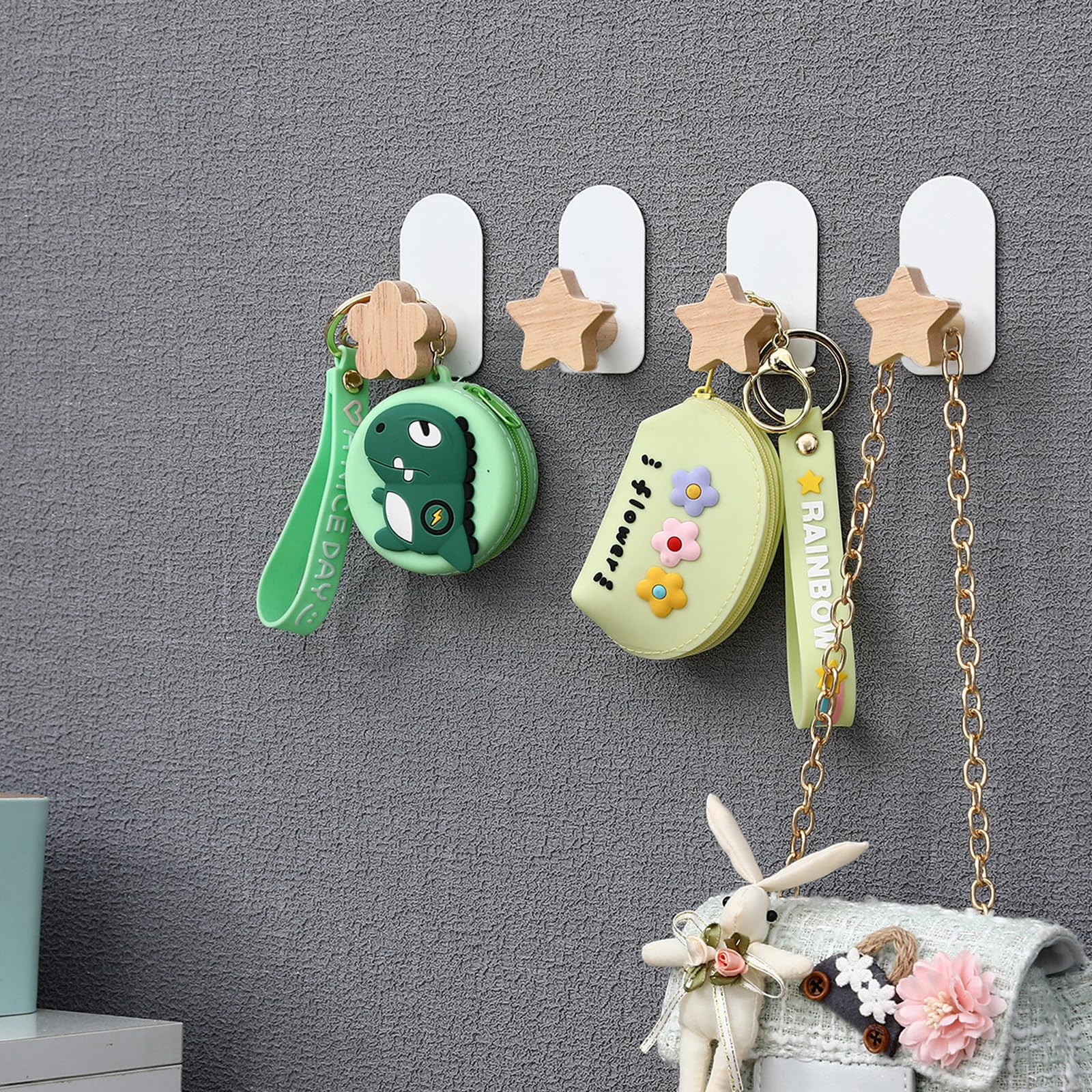 AUXBC 8 PCS Star Shaped Hooks, Kids Room Decorative Hooks, Wood Coat Hooks, Adhesive Mounted Wall Hook for Hanging Coat Clothes Hat Bag Purse and Towel