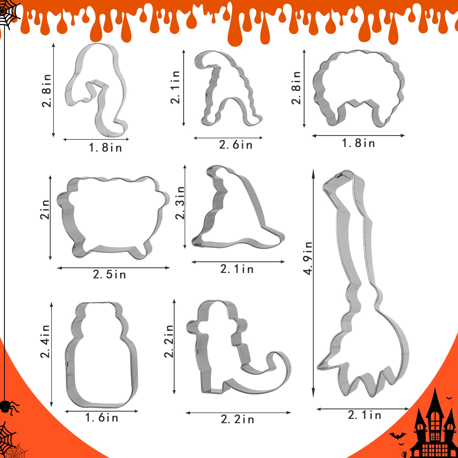 AnyDesign 8Pcs Halloween Witch Biscuit Cutters Set Stainless Steel Biscuit Cutters Reusable Witch's Hat Shoe Broom Pot Shape Cookie Cutters for Halloween Party Supplies Cookie Baking Decoration