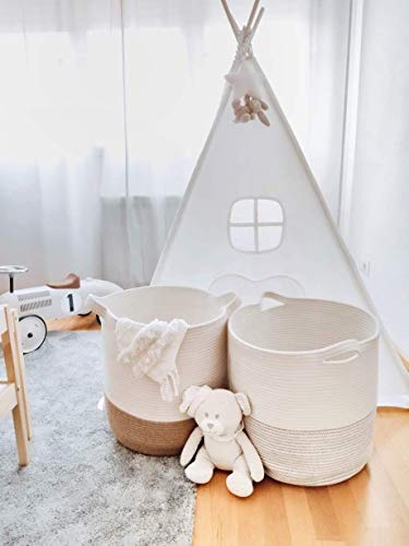 Large Woven Storage Baskets (Set of 2) Decorative Blanket Basket for Living Room, Toys, Pillows, Nursery or Towels. Laundry Hamper. Baskets for Organizing. Cotton Rope Baskets
