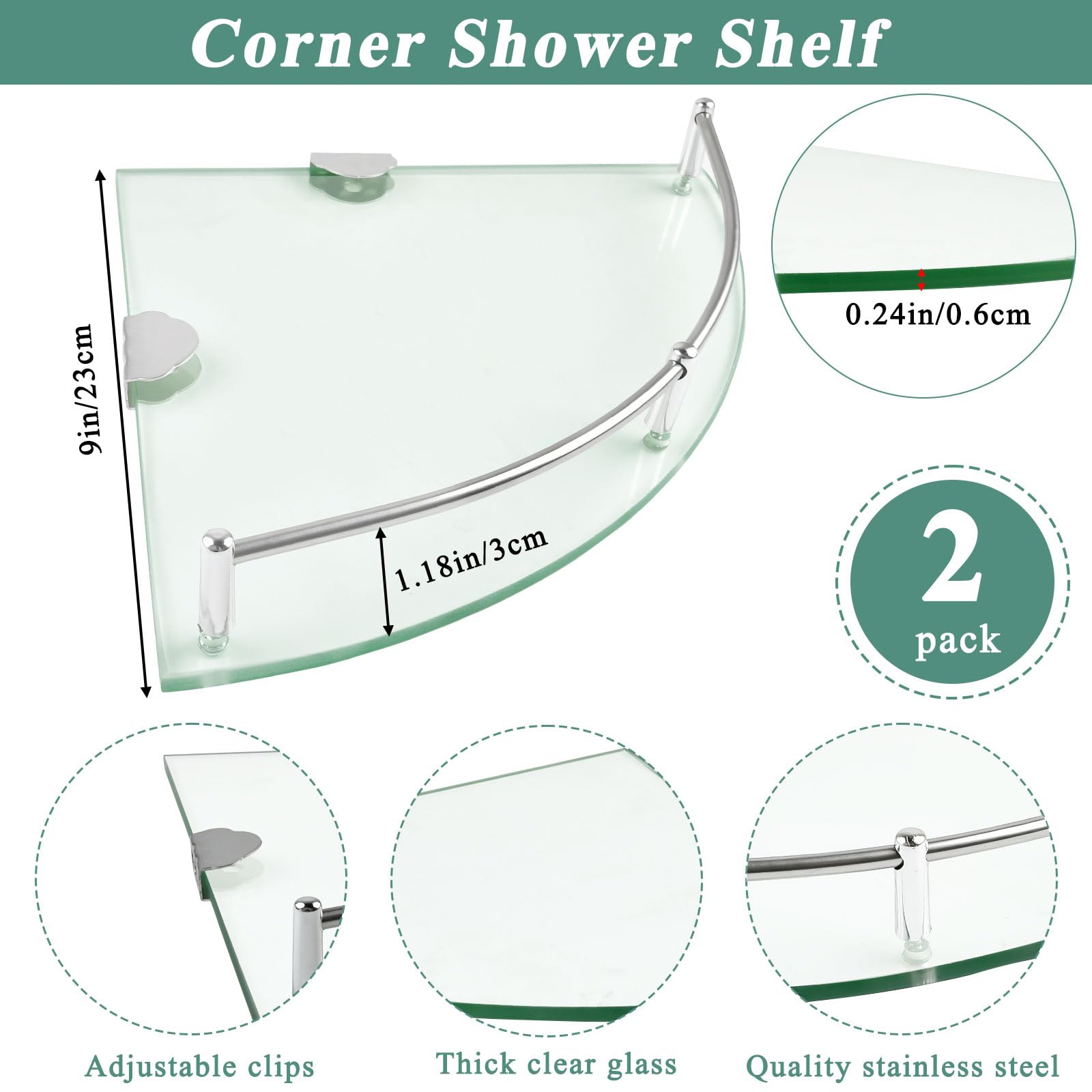 Boocalny 2 Pack Glass Corner Shelf, Corner Shower Shelf with Stainless Steel Rails, Tempered Glass Shower Caddy, Wall Mounted Glass Shelf for Bathroom Organization, 9.25x9.25x0.24in, Silver