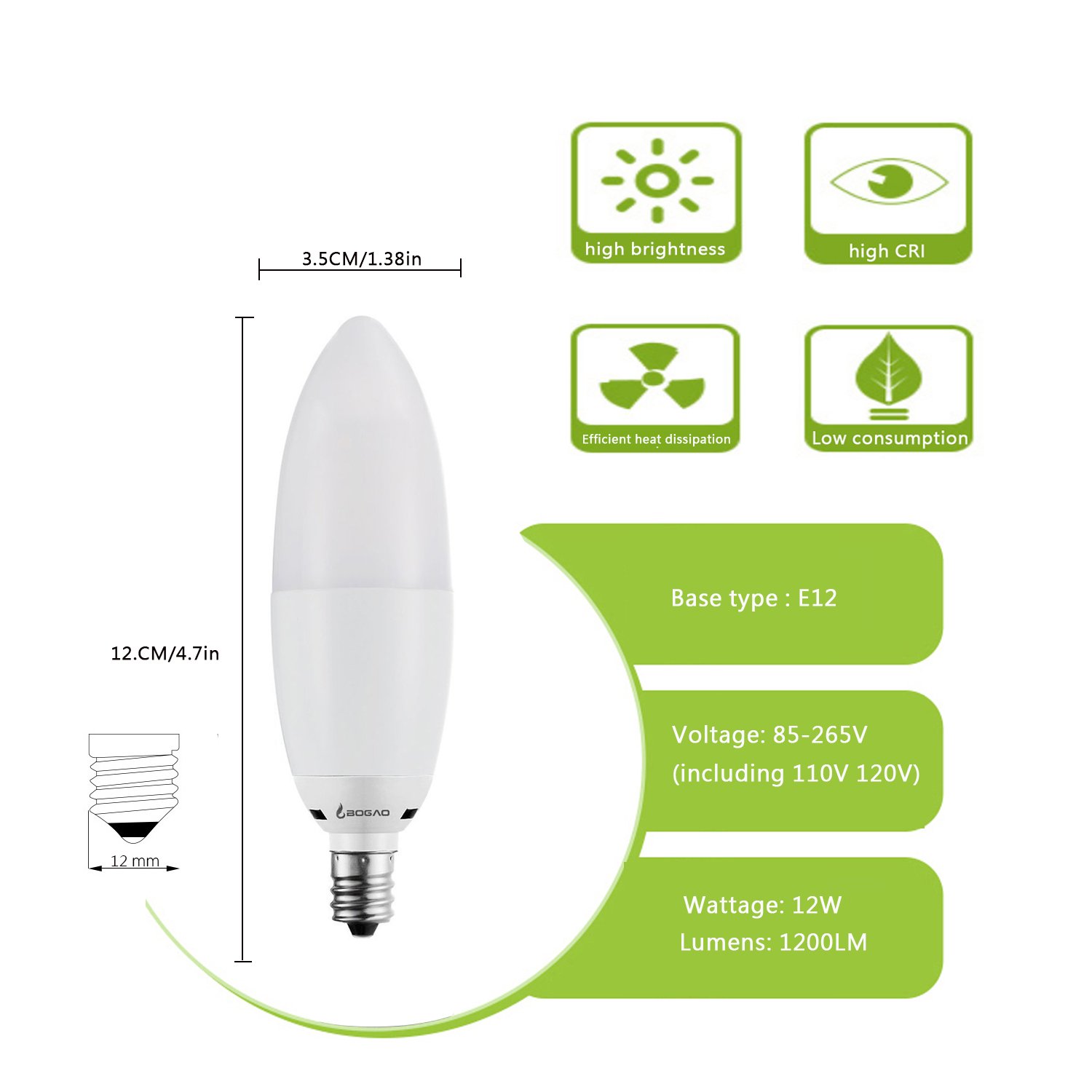 BOGAO (4 Pack LED Candelabra Bulb, 12W Warm White 3000K LED Candle Bulbs, 85-100 Watt Light Bulbs Equivalent, E12 Candelabra Base,1200Lumens LED Lights,Torpedo Shape (Warm White 3000K)