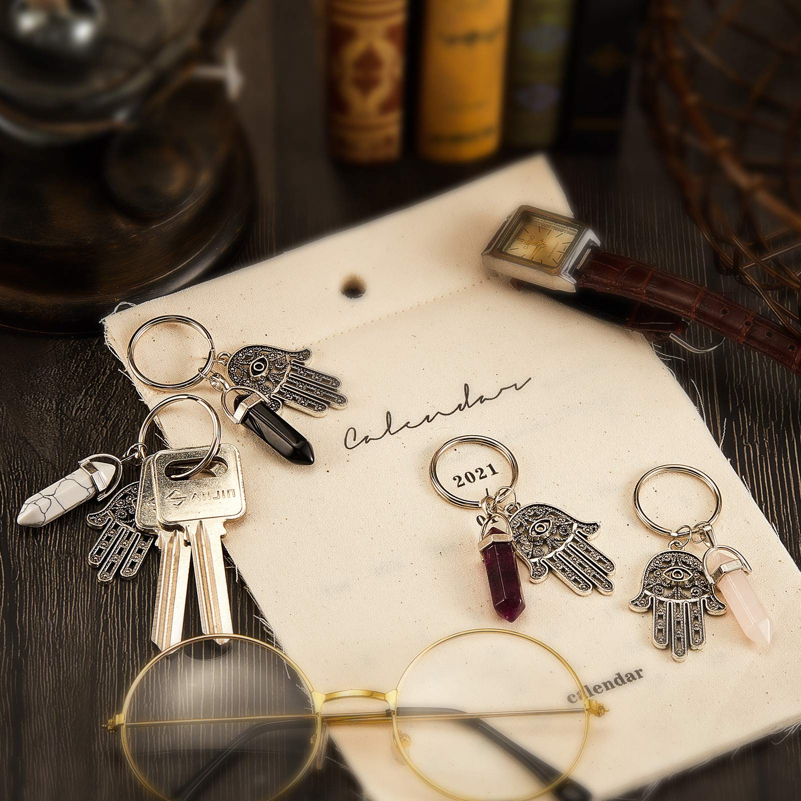 9 Pieces Crystal Keychain Hamsa Charm Hamsa Hand Keychain Ring Lucky Hamsa Evil Eye Keychain with Healing Stone for Women Girls Protection
