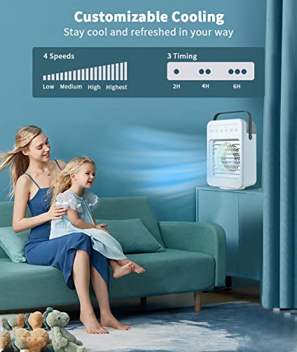 Personal Air Cooler, 70°Oscillating Evaporative Ultra Portable Personal Air Cooler with 7 Colors LED Light, 4 Wind Speeds, 2 Refrigeration, 2/4/6Timer, 2 Spray Modes and 450ml large tank for Office