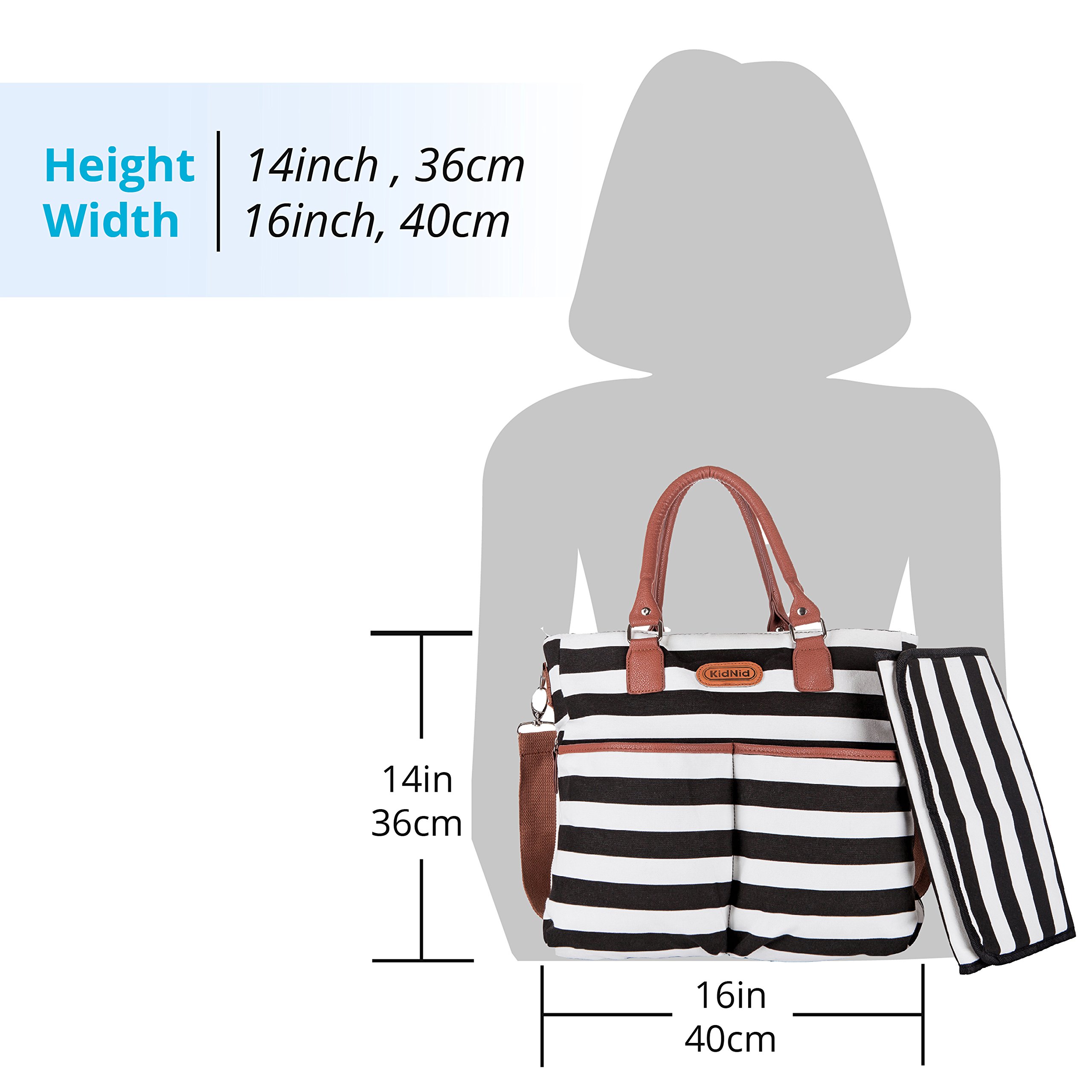 Kidnid Designer Baby Diaper Bag - Cotton Messenger Organizer Tote with Changing Pad, Black & White, 14-Inch