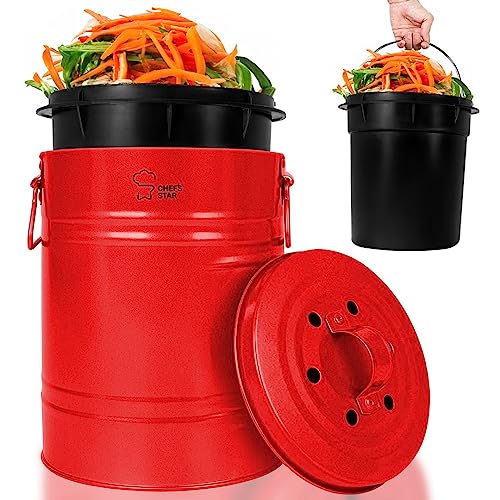 Chef's Star Countertop Compost Bin for Kitchen, Indoor Compost Bin for Kitchen Counter, Small Composter for Kitchen Counter, with Charcoal Filter, Airtight Lid, 0.8 Gallon Compost Pail, Red