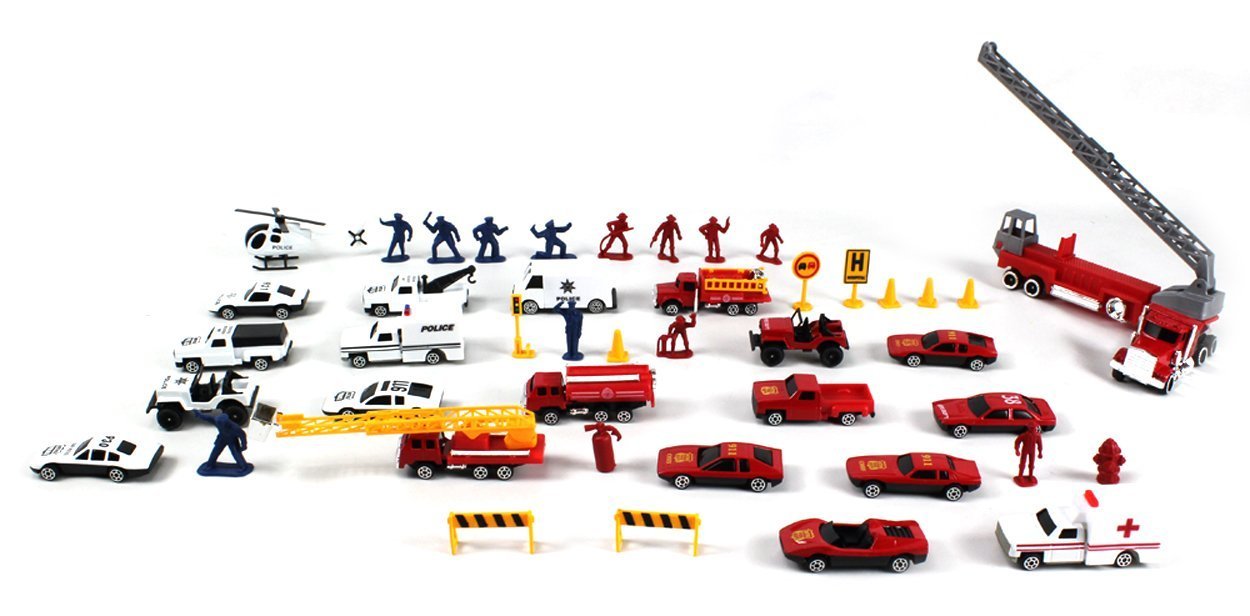 Diecast Police and Rescue Emergency Crew With Play Mat, 46 Pcs Toy Playset Emergency Vehicle Theme