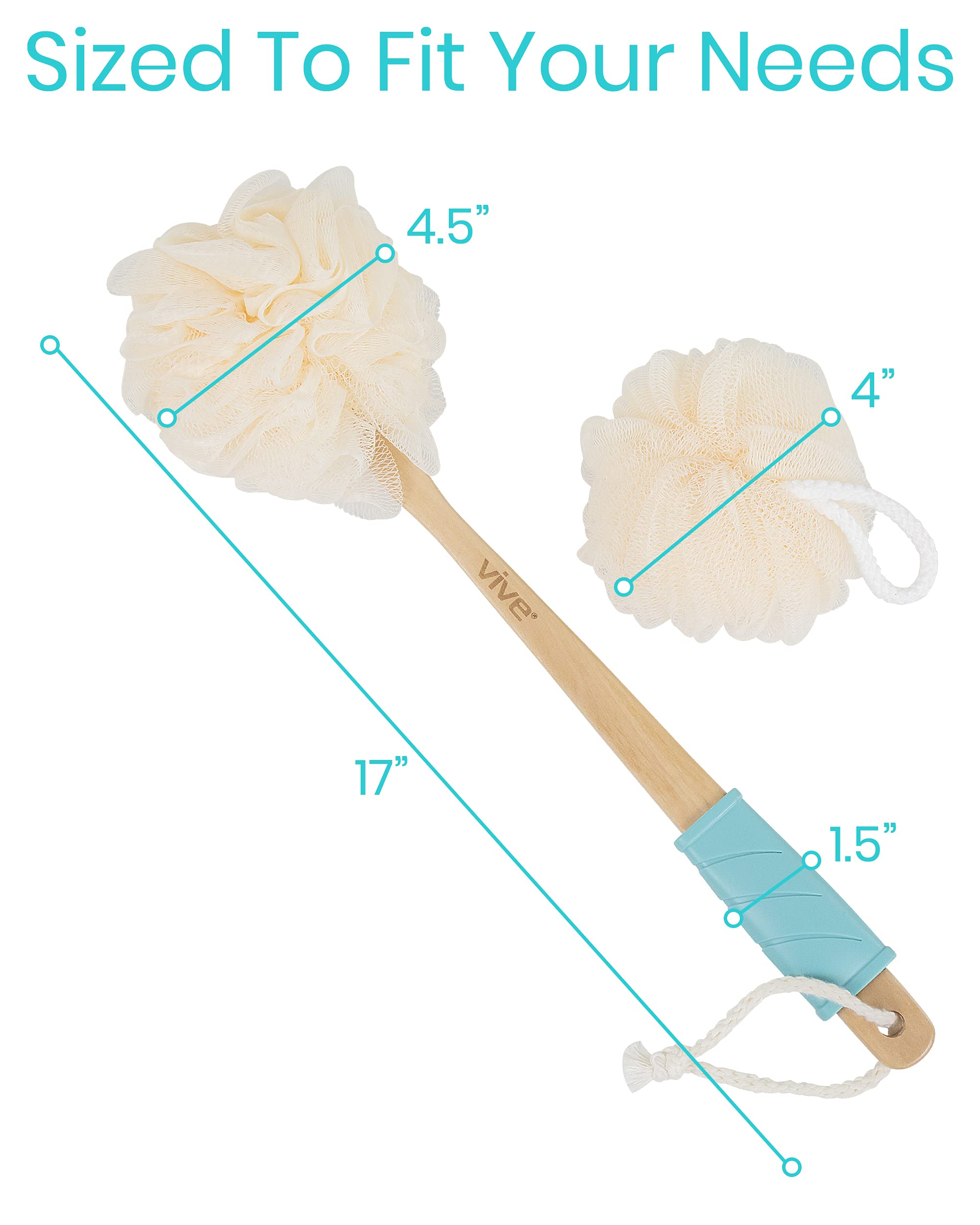 Vive 17” Shower Loofah with Long Handle - Exfoliating Back & Body Scrubber for Men & Women - Luffa Sponge on a Stick for Bathing, Cleaning - Includes Extra Handheld Lufa, Hook & String to Hang on Wall