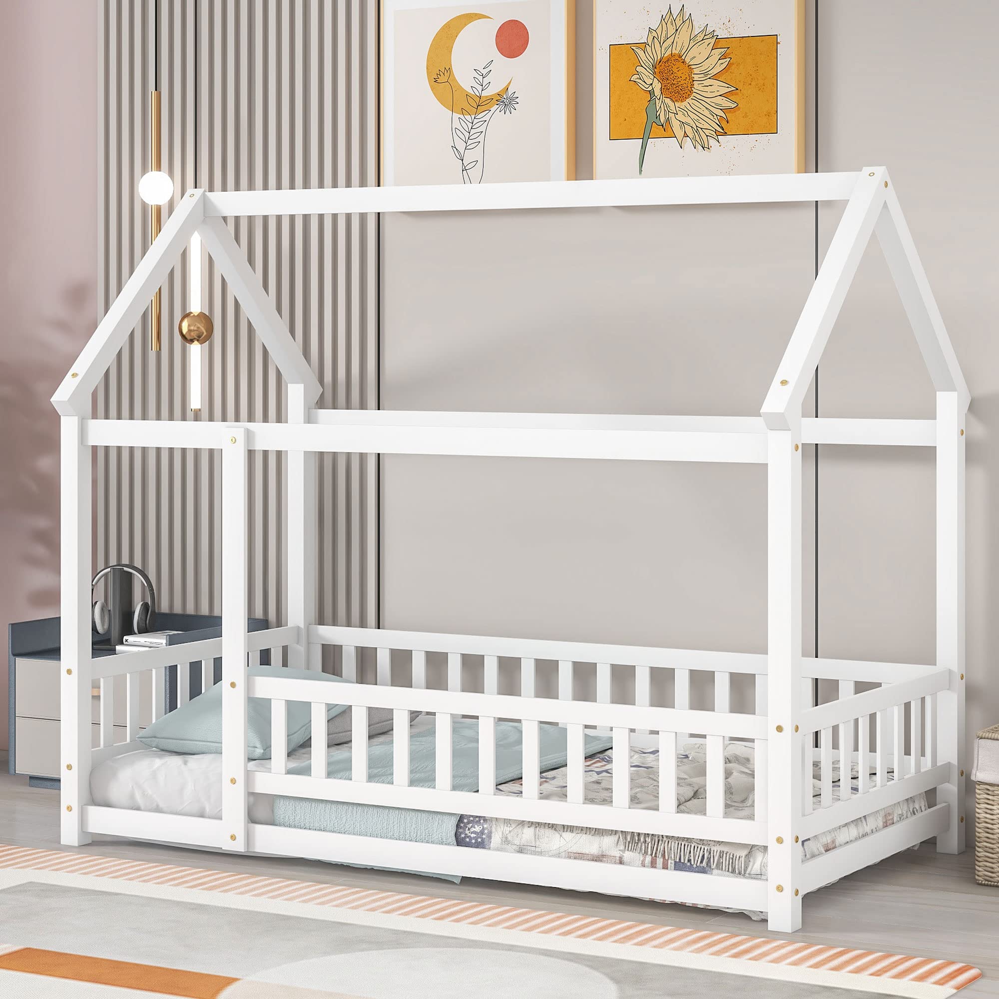 CITYLIGHT Twin Floor Bed Frame, Pine Wood, White With Roof, 20"W