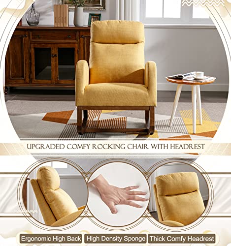 KINFFICT Comfy Rocking Chair, Upholstered Accent Glider Rocker for Baby Nursery or Relaxation, Living Room Armchair with High Back and Headrest, Modern Rocking Glider with Side Pocket, Yellow
