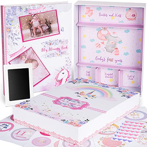 Kemella Kreations My Memory Book with Keepsake Box, Baby Milestone Stickers, Photo Corners & Footprint Kit, Unicorn Design - Baby First Five Years, Scrapbook, Journal, Photo Album for Newborn to 5 Years, Girl